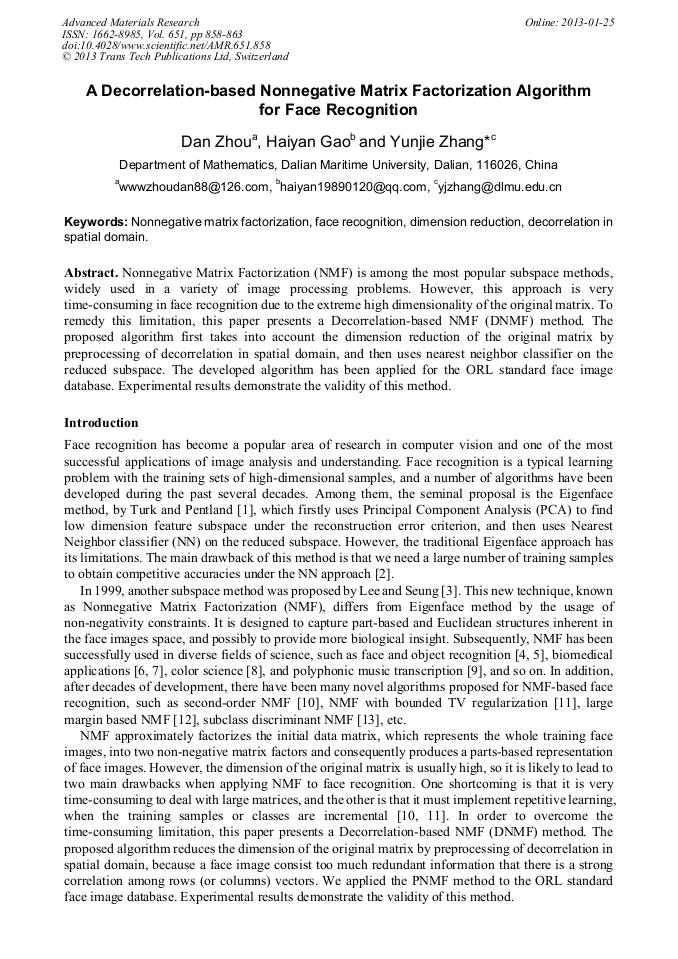 A Decorrelation-Based Nonnegative Matrix Factorization Algorithm for Face Recognition ...