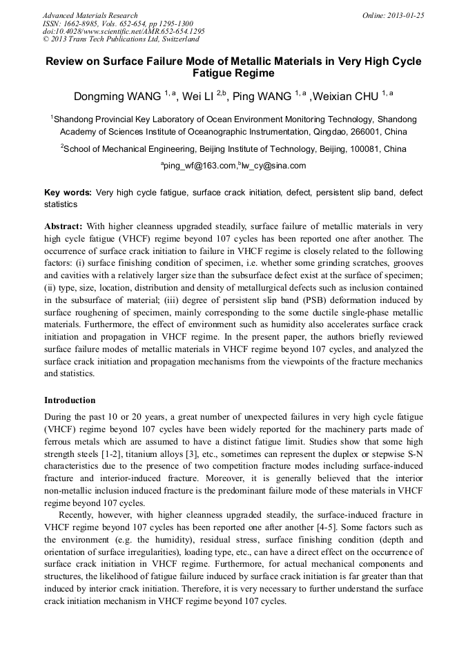 Review on Surface Failure Mode of Metallic Materials in Very High Cycle ...