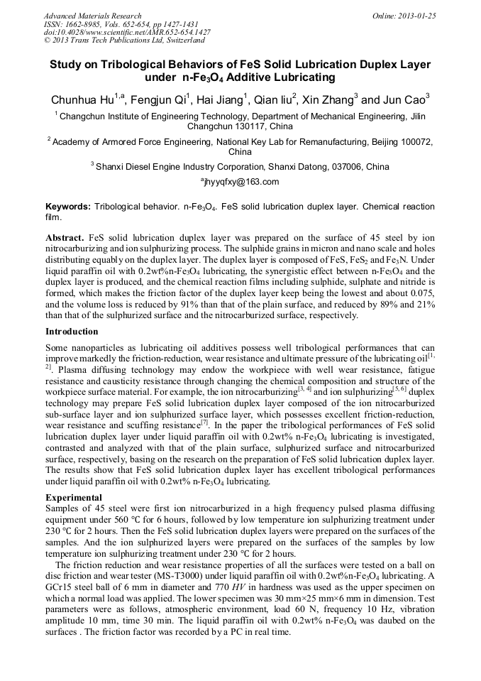 Study on Tribological Behaviors of FeS Solid Lubrication Duplex Layer ...
