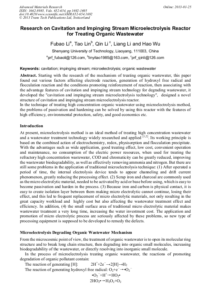 Research on Cavitation and Impinging Stream Microelectrolysis Reactor ...