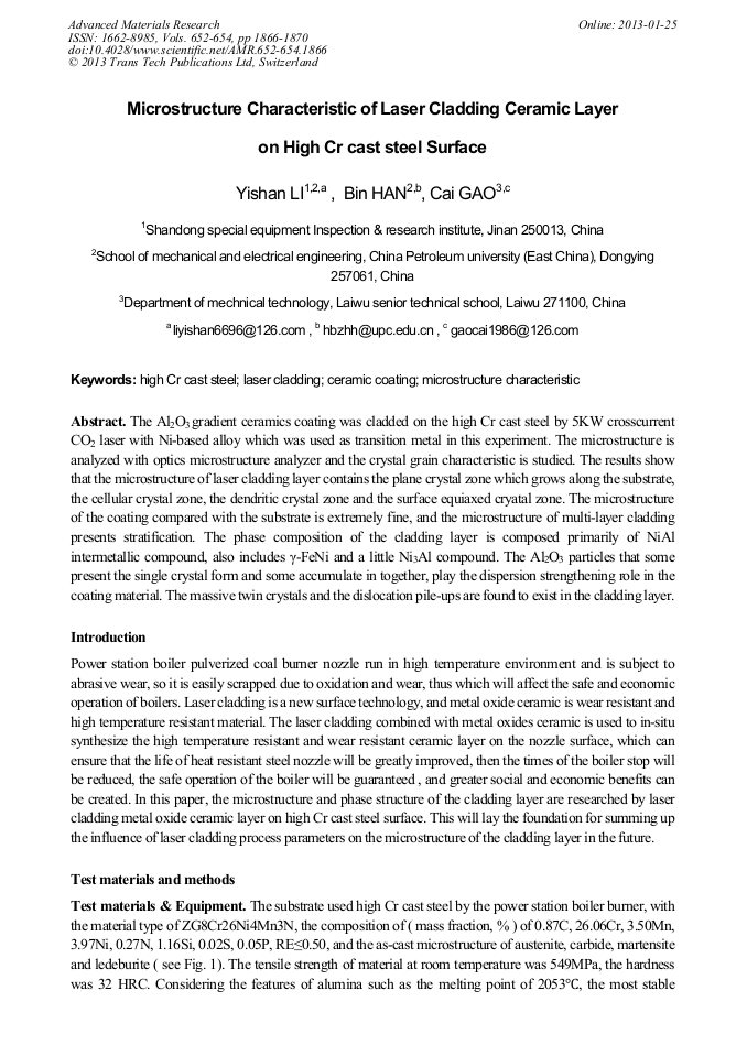 Microstructure Characteristic of Laser Cladding Ceramic Layer on High ...