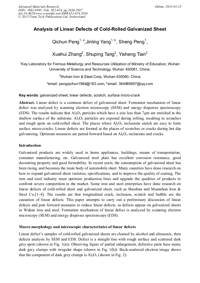 Analysis of Linear Defects of Cold-Rolled Galvanized Sheet | Scientific.Net