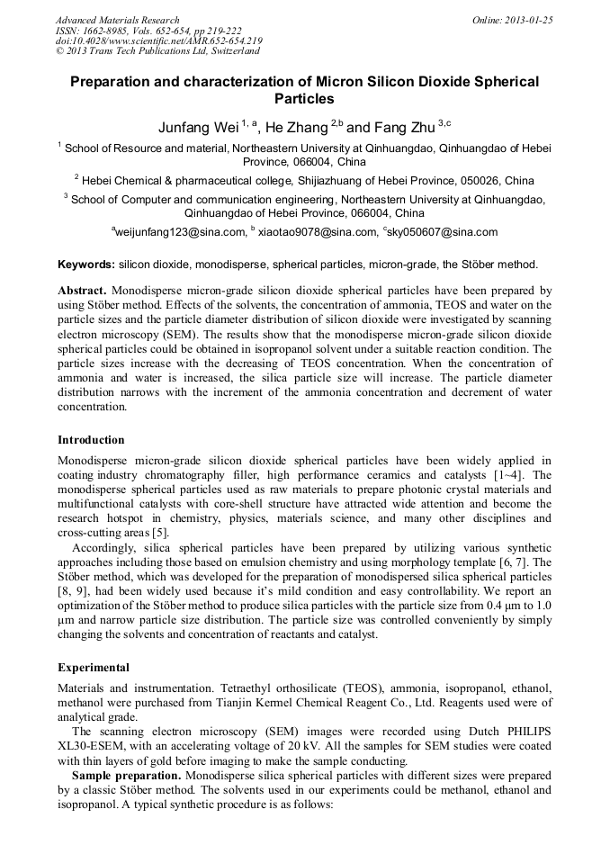 Preparation and Characterization of Micron Silicon Dioxide Spherical ...