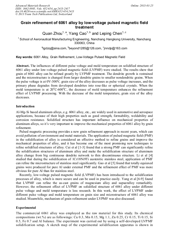 Grain Refinement of 6061 Alloy by Low-Voltage Pulsed Magnetic Field ...
