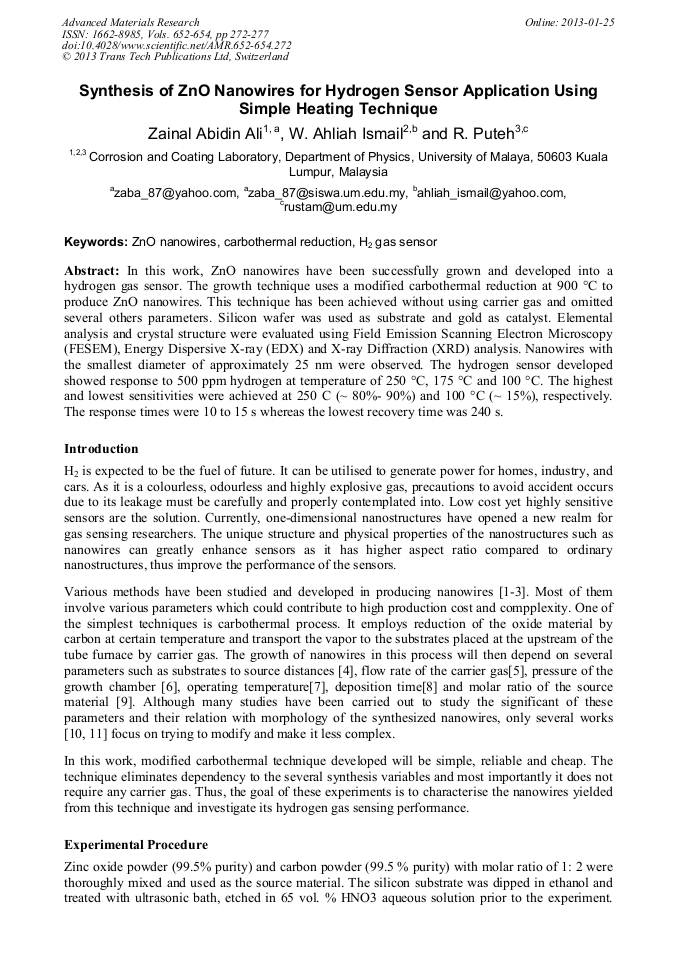 Synthesis Of Zno Nanowires For Hydrogen Sensor Application Using Simple Heating Technique