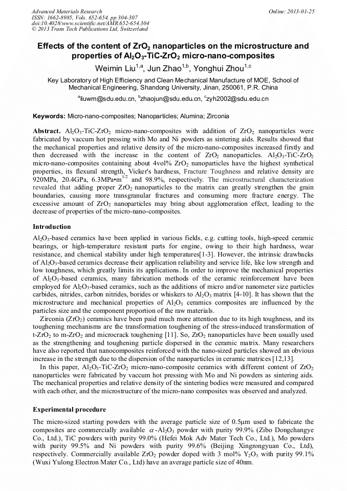 Effects of the Content of ZrO2 Nanoparticles on the Microstructure and Properties of Al2O3-TiC ...