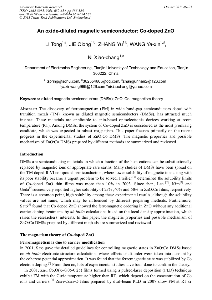 An Oxide-Diluted Magnetic Semiconductor: Co-Doped ZnO | Scientific.Net