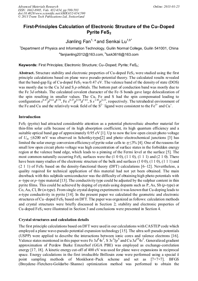 First-Principles Calculation of Electronic Structure of the Cu–Doped ...