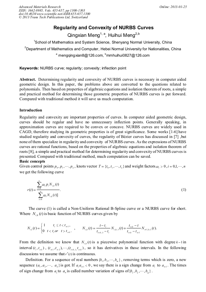 Regularity and Convexity of NURBS Curves | Scientific.Net