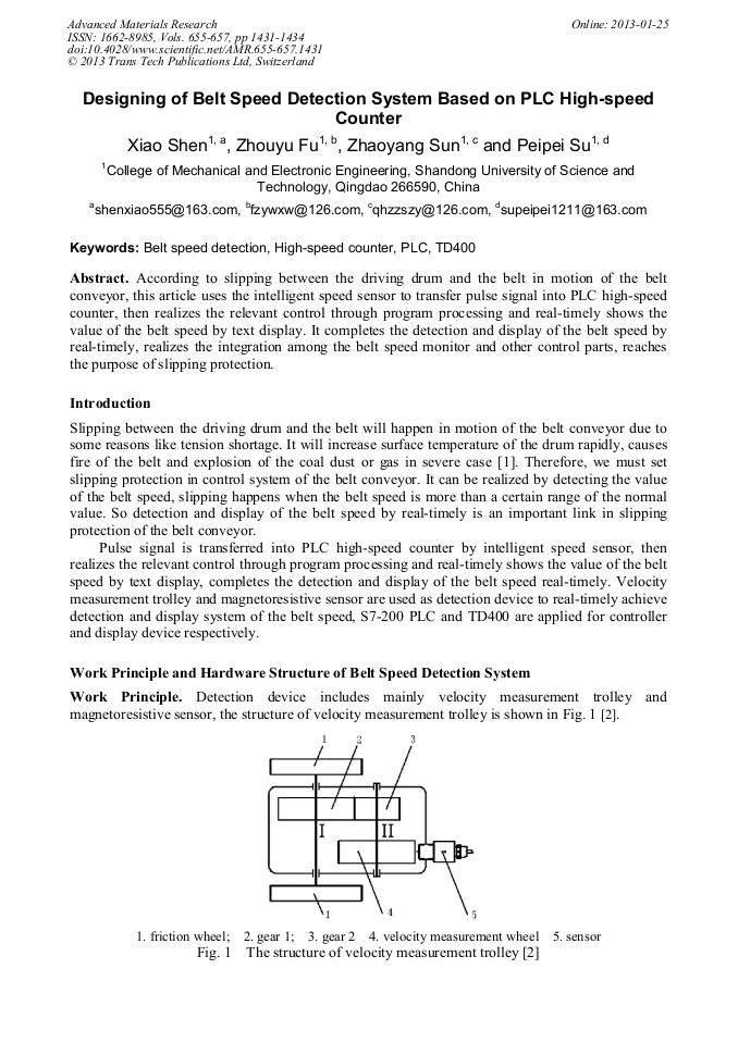 Designing of Belt Speed Detection System Based on PLC High-Speed ...