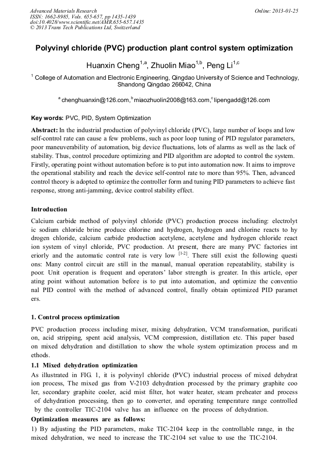 Polyvinyl Chloride (PVC) Production Plant Control System Optimization ...