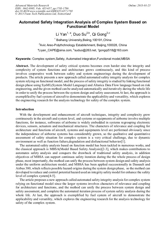 Automated Safety Integration Analysis of Complex System Based on ...