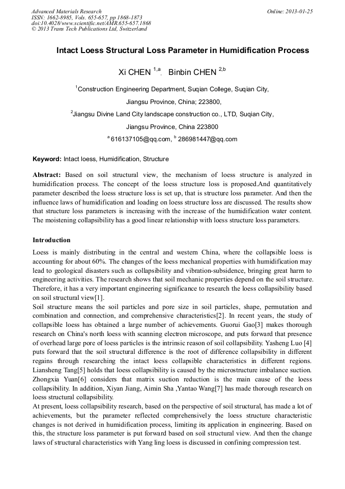 Intact Loess Structural Loss Parameter in Humidification Process ...