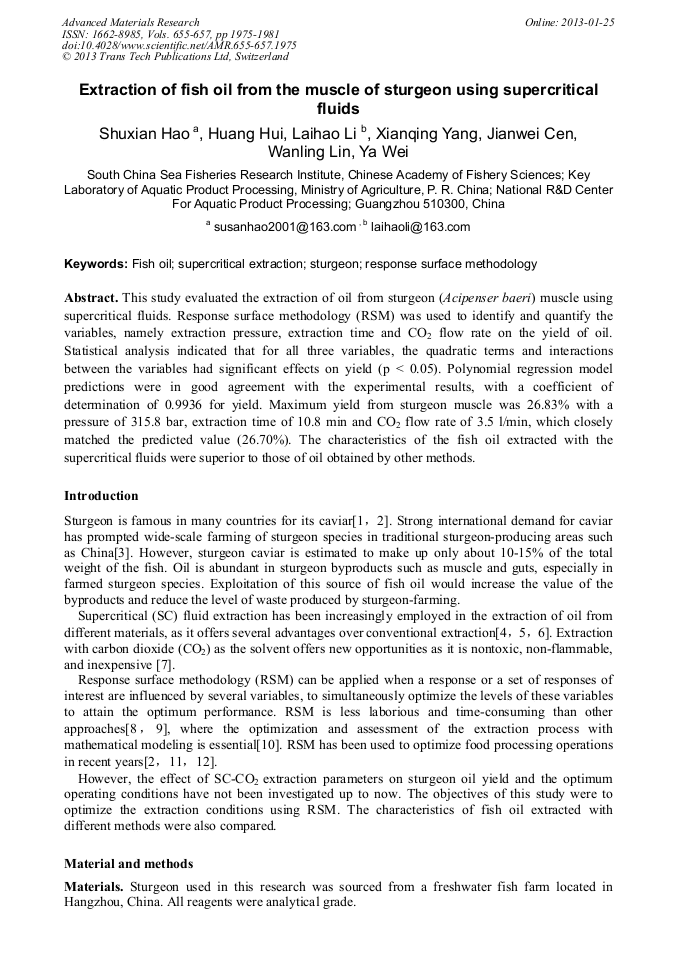 Extraction of Fish Oil from the Muscle of Sturgeon Using Supercritical ...