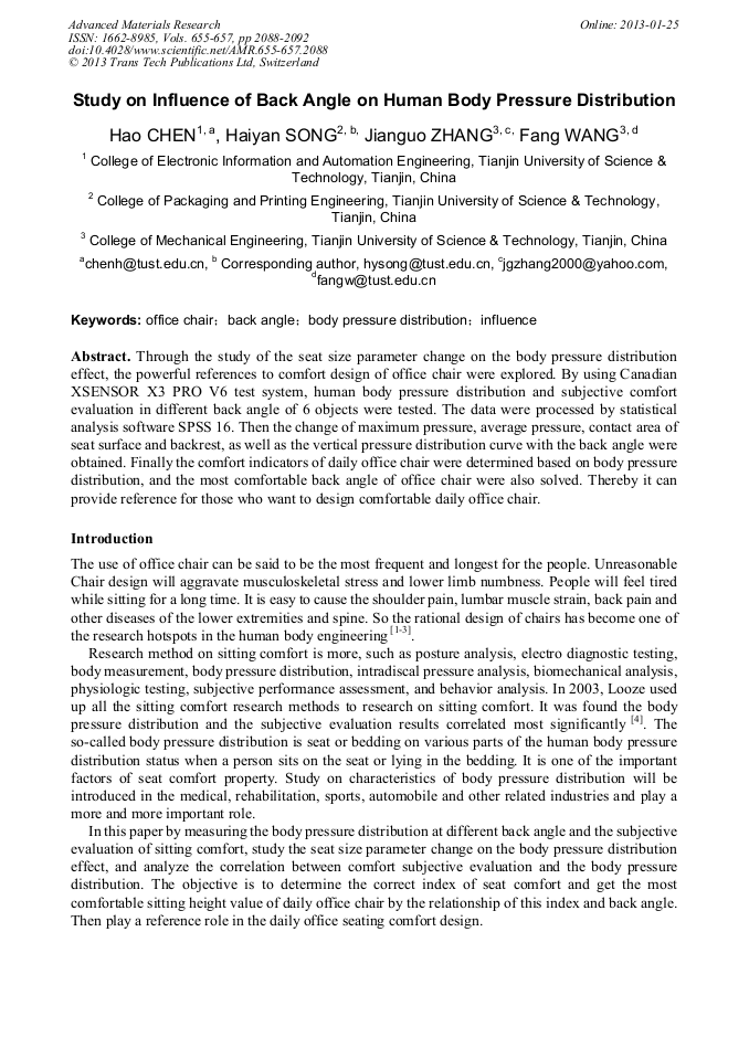 Study on Influence of Back Angle on Human Body Pressure Distribution ...