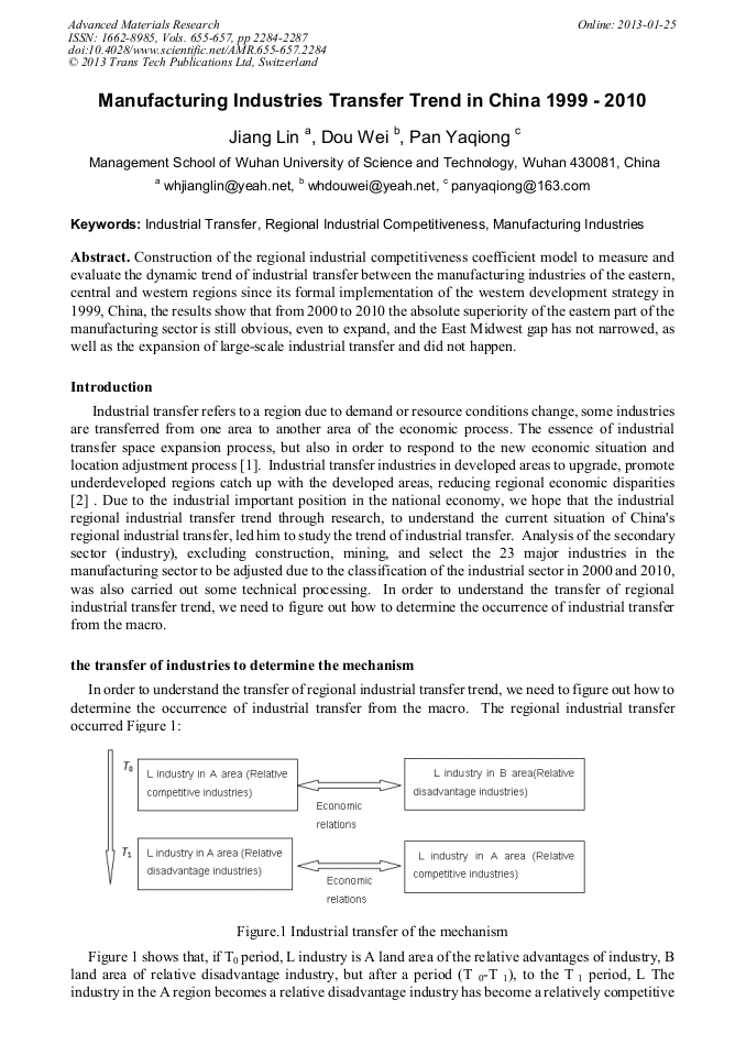 Manufacturing Industries Transfer Trend in China 1999 - 2010 ...