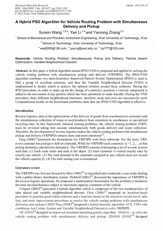 A Hybrid PSO Algorithm for Vehicle Routing Problem with Simultaneous ...
