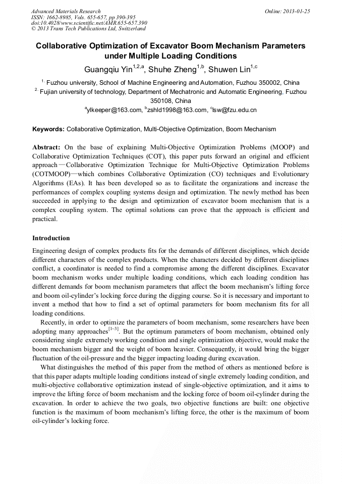 Collaborative Optimization of Excavator Boom Mechanism Parameters under Multiple Loading ...