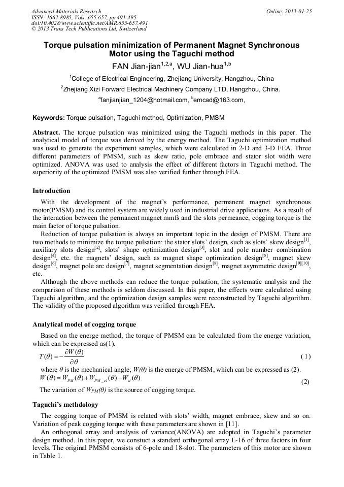 Torque Pulsation Minimization of Permanent Magnet Synchronous Motor ...