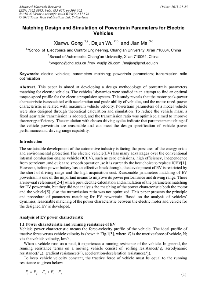 Matching Design and Simulation of Powertrain Parameters for Electric ...