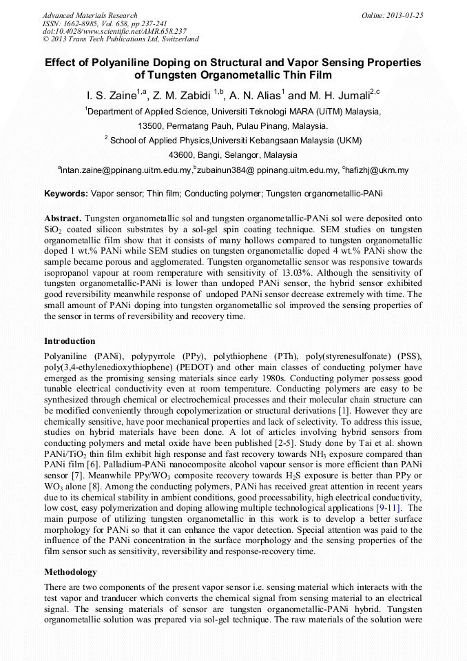 Effect of Polyaniline Doping on Structural and Vapor Sensing Properties ...