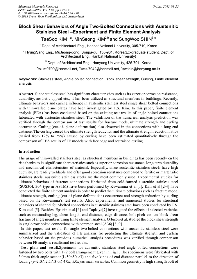 Block Shear Behaviors of Angle Two-Bolted Connections with Austenitic ...