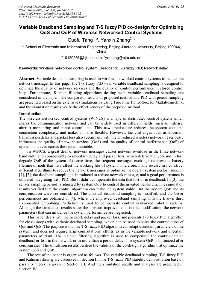Variable Deadband Sampling and T-S Fuzzy PID Co-Design for Optimizing ...