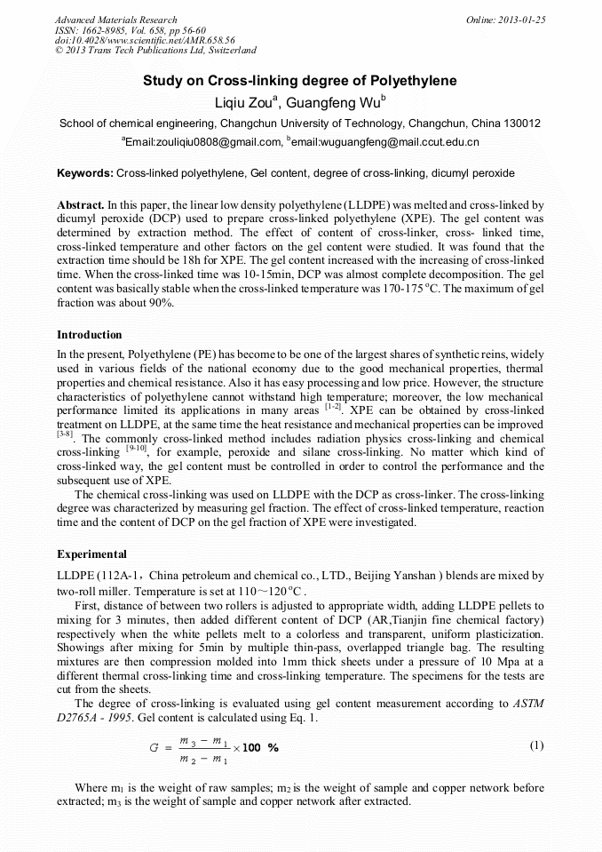 Study on Cross-Linking Degree of Polyethylene | Scientific.Net