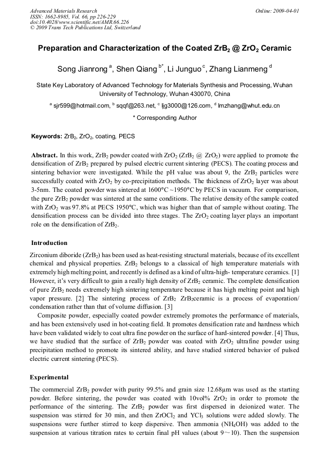 Preparation and Characterization of the Coated ZrB2 @ ZrO2 Ceramic | Scientific.Net