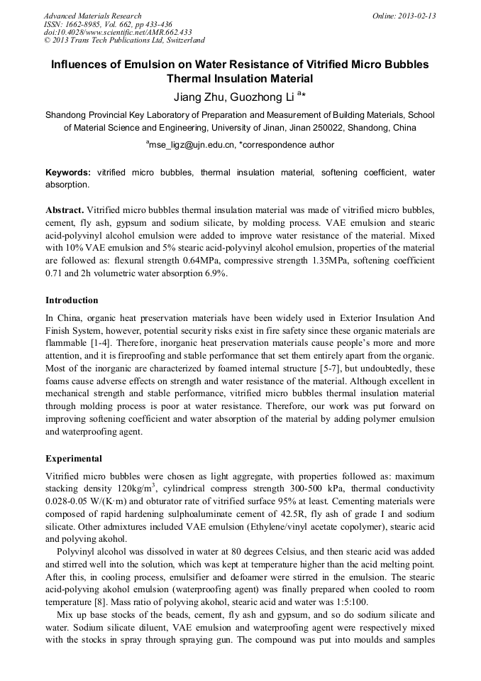 Influences of Emulsion on Water Resistance of Vitrified Micro Bubbles ...