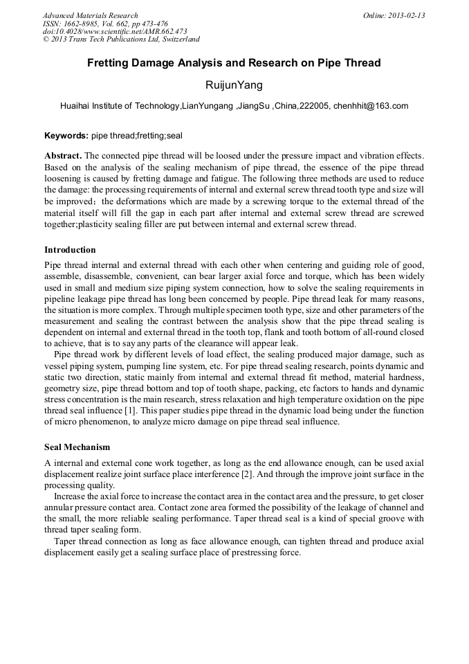 Fretting Damage Analysis and Research on Pipe Thread | Scientific.Net
