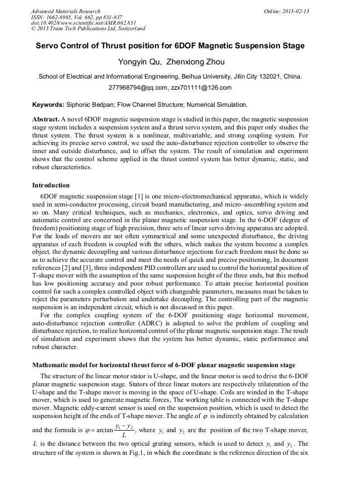 Servo Control of Thrust Position for 6DOF Magnetic Suspension Stage ...