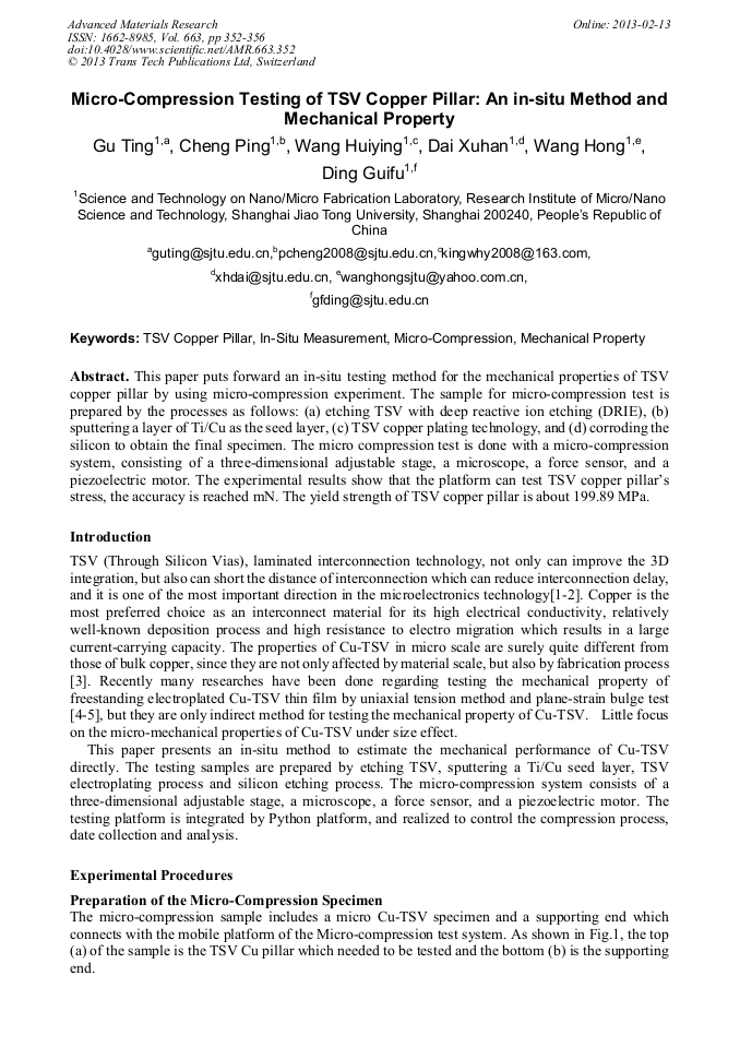 Micro-Compression Testing of TSV Copper Pillar: An In Situ Method and ...