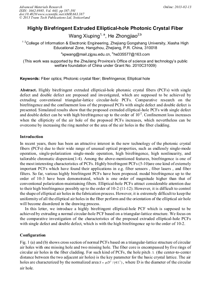 Highly Birefringent Extruded Elliptical-Hole Photonic Crystal Fiber | Scientific.Net
