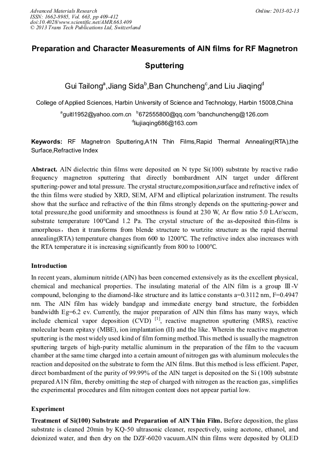 Preparation and Character Measurements of AlN Films for RF Magnetron ...