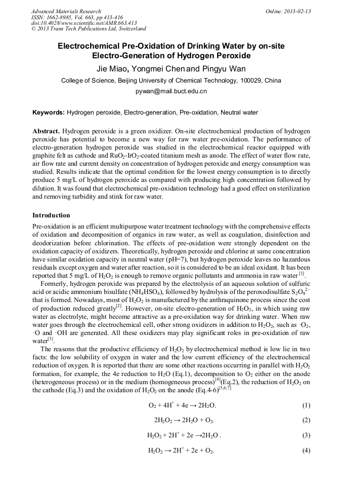 Electrochemical Pre-Oxidation of Drinking Water by On-Site Electro ...