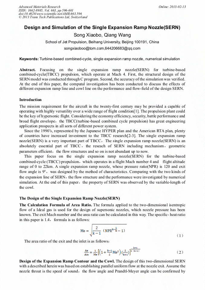 Design and Simulation of the Single Expansion Ramp Nozzle(SERN ...