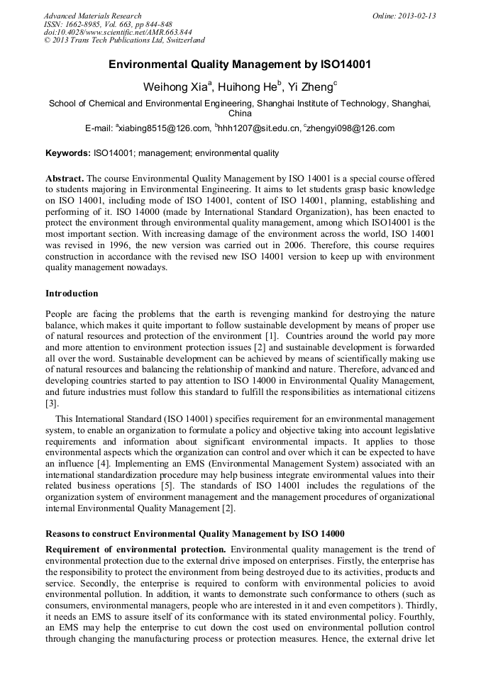 Environmental Quality Management by ISO14001 | Scientific.Net