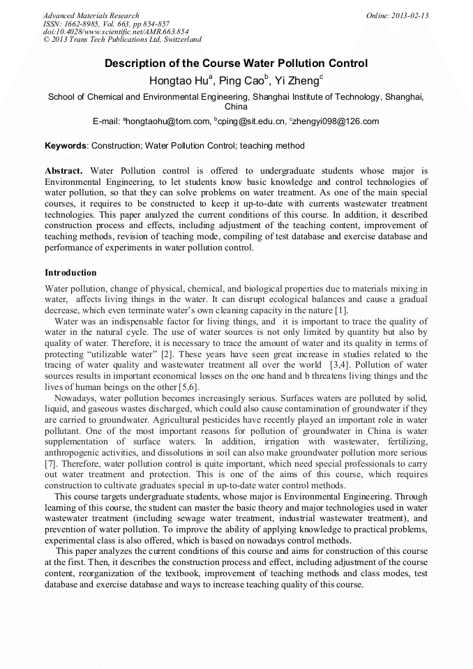Description of the Course Water Pollution Control | Scientific.Net