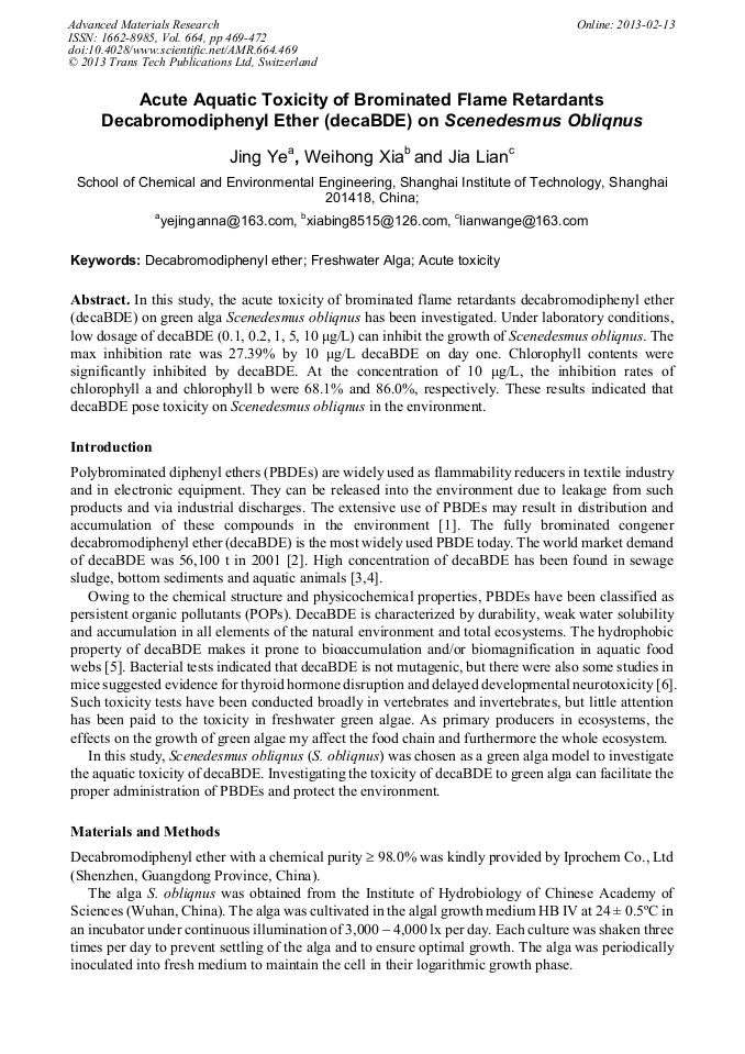 Acute Aquatic Toxicity of Brominated Flame Retardants Decabromodiphenyl ...