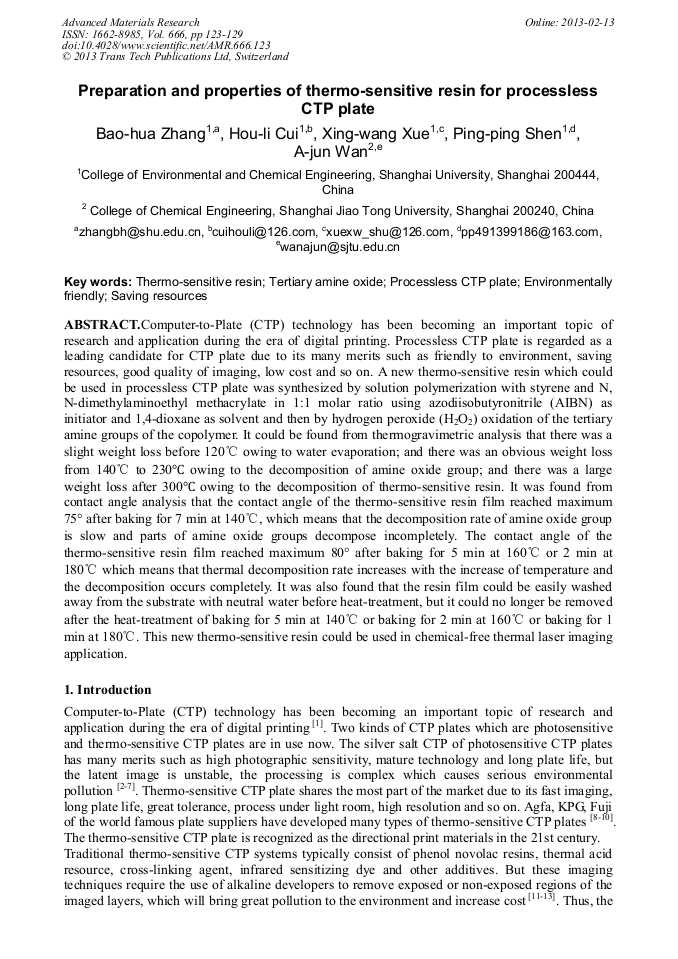 Preparation and Properties of Thermo-Sensitive Resin for Processless ...