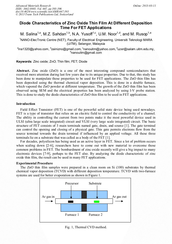 Diode Characteristics of Zinc Oxide Thin Film at Different Deposition ...