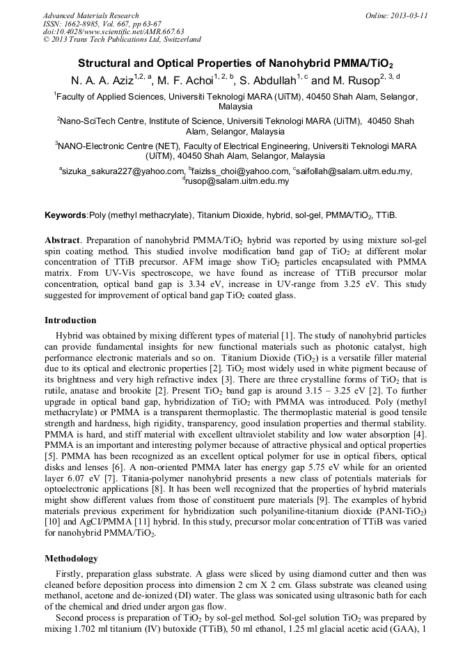 Structural and Optical Properties of Nanohybrid PMMA/TiO2 | Scientific.Net