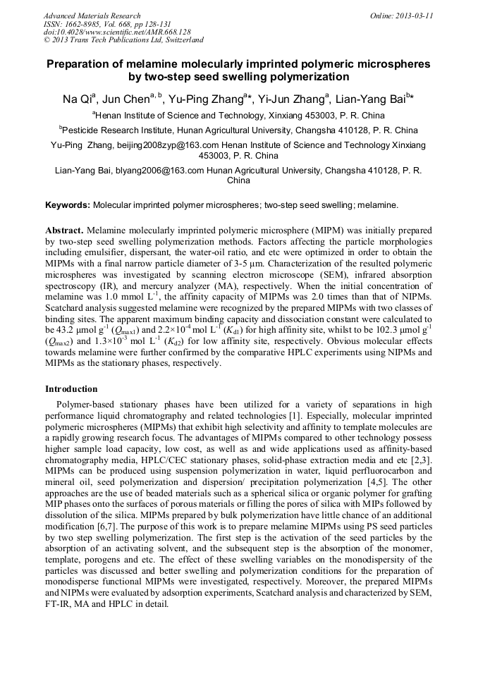 Preparation of Melamine Molecularly Imprinted Polymeric Microspheres by ...