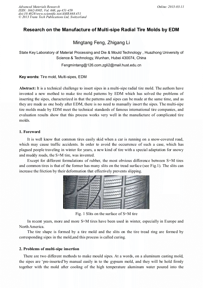 Research on the Manufacture of Multi-Sipe Radial Tire Molds by EDM ...