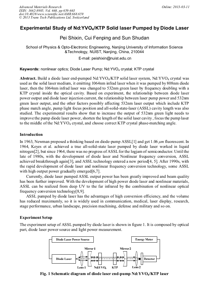 Experimental Study of Nd:YVO4/KTP Solid Laser Pumped by Diode Laser ...