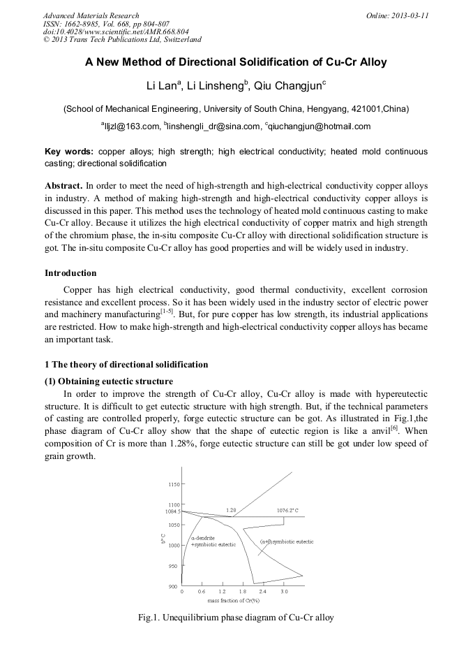 A New Method of Directional Solidification of Cu-Cr Alloy | Scientific.Net