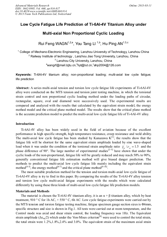 Low Cycle Fatigue Life Prediction of Ti-6Al-4V Titanium Alloy under ...