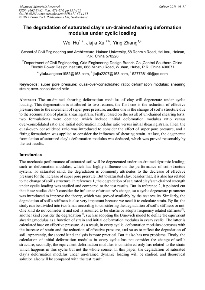 The Degradation of Saturated Clay’s Un-Drained Shearing Deformation ...