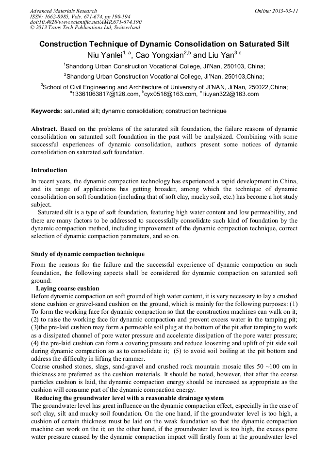 Construction Technique of Dynamic Consolidation on Saturated Silt ...